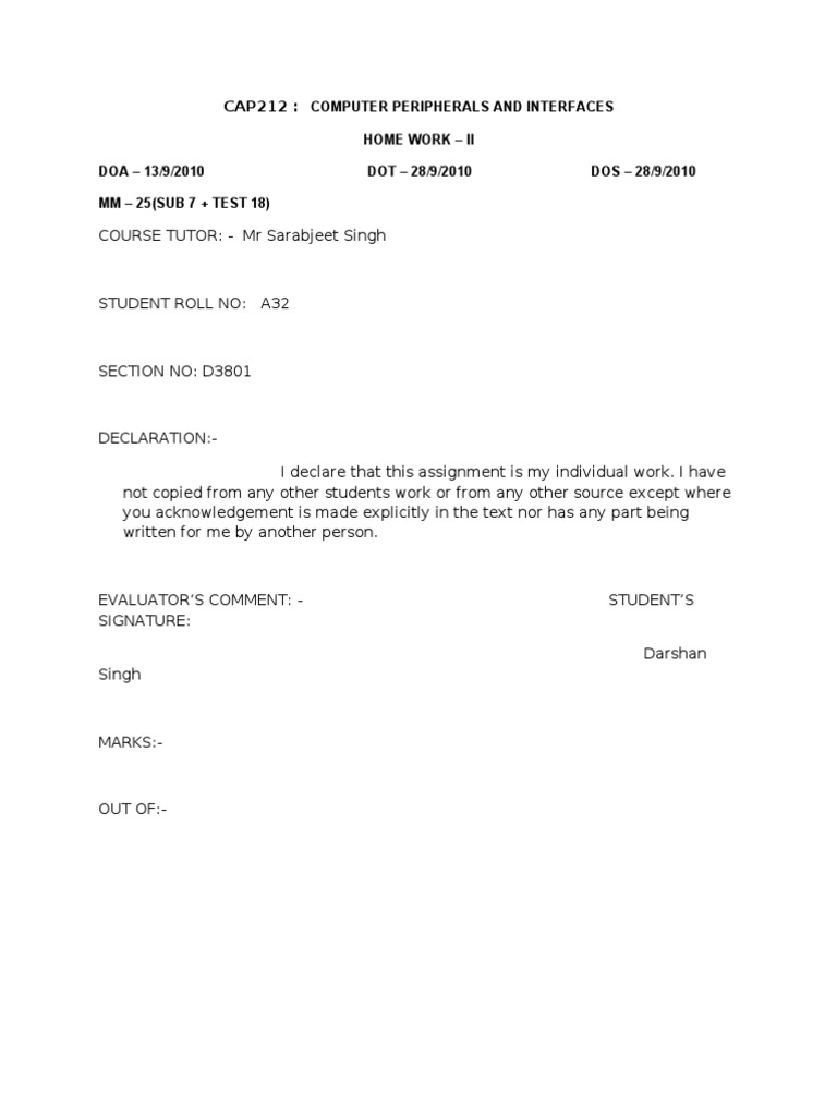 Computer Peripherals and Interfaces Home Work - Ii DOA - 13/9/2010 DOT ...