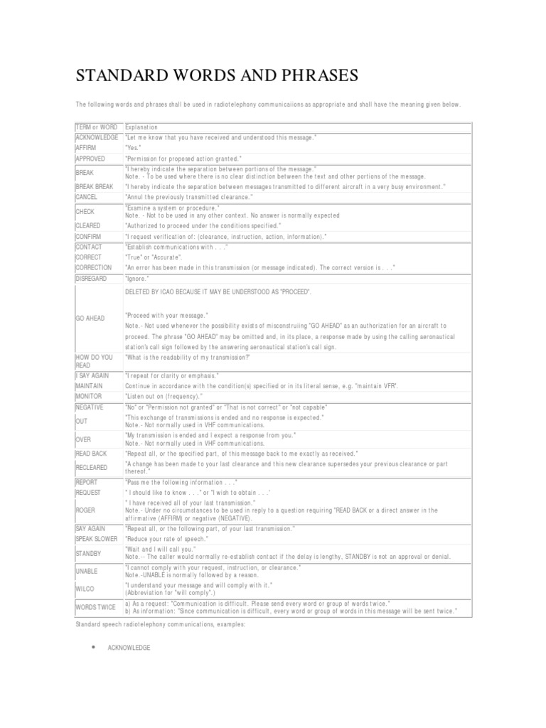 Standard Words and Phrases PDF | PDF | Air Traffic Control | Transport ...