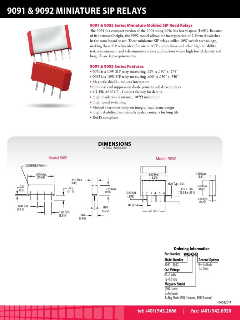 9091 Series Reed Relay Datasheet | PDF | Relay | Inductor