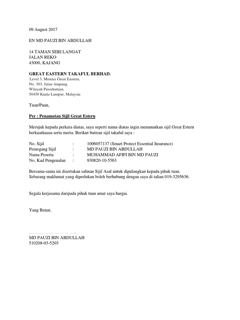 Contoh Surat Termination Insurance | PDF