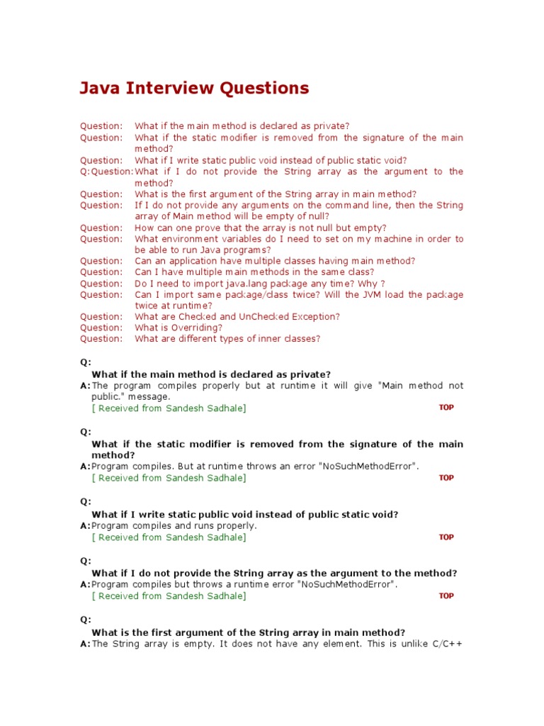Java Interview Questions Public Message Pdf Class Computer Programming Method