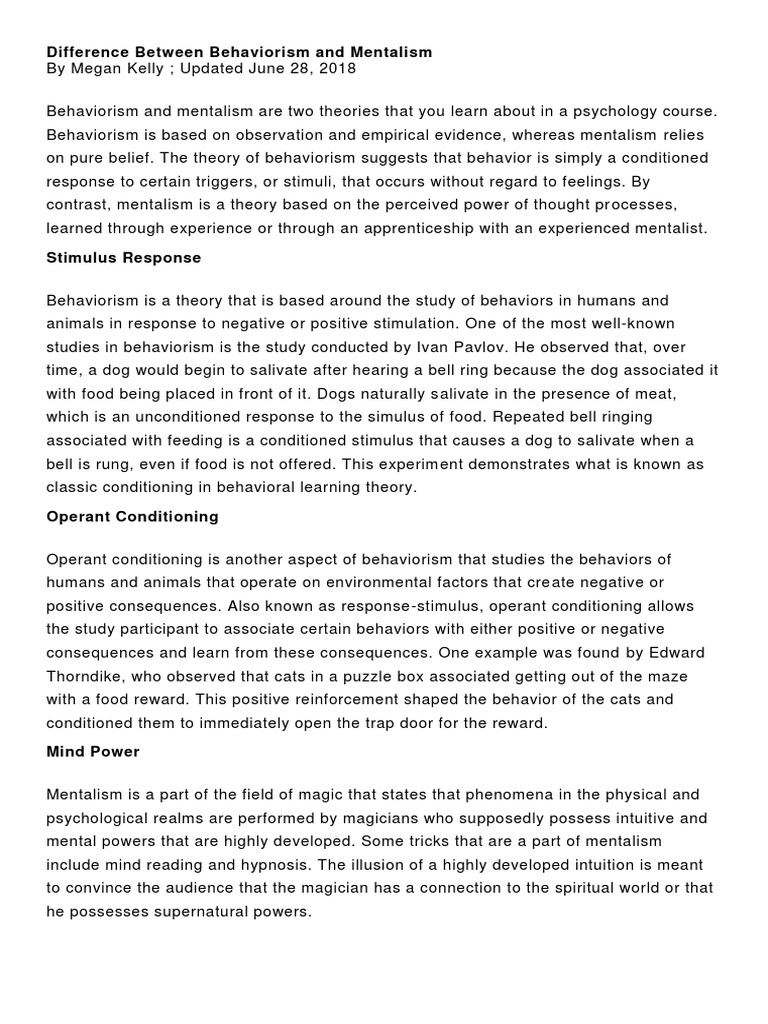 Difference Between Behaviorism and Mentalism | PDF | Behaviorism | Language Acquisition