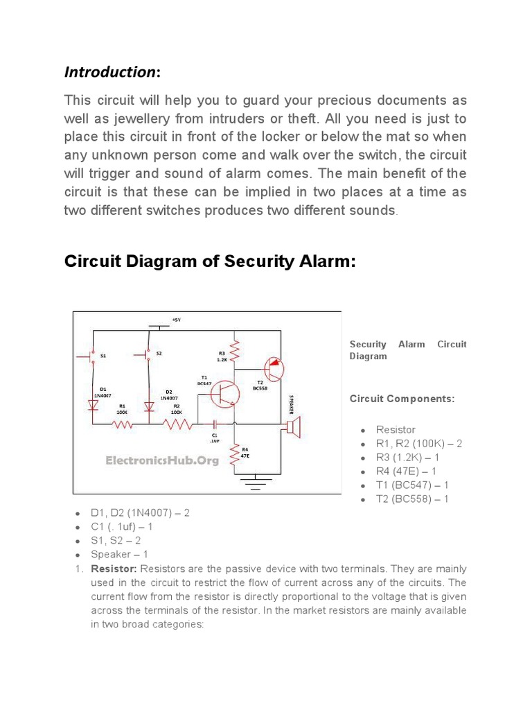 Circuit Diagram of Security Alarm | PDF | Capacitor | Transistor