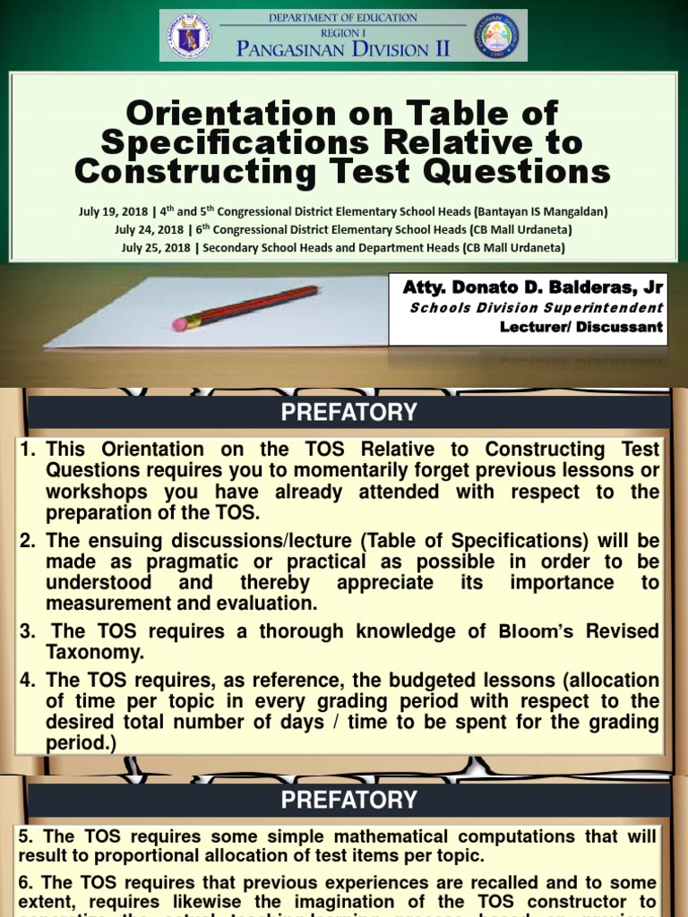 Orientation On Table of Specifications Relative To Constructing Test ...