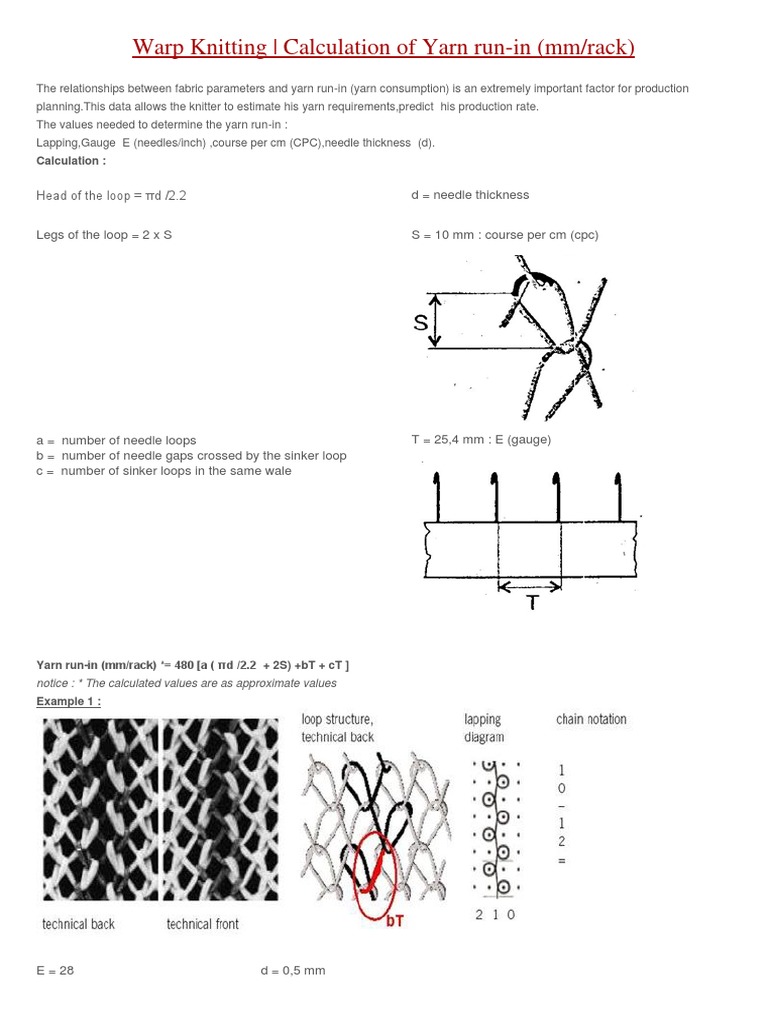 Warp Knitting - Calculation of Yarn Run-In (Mm/rack) | PDF