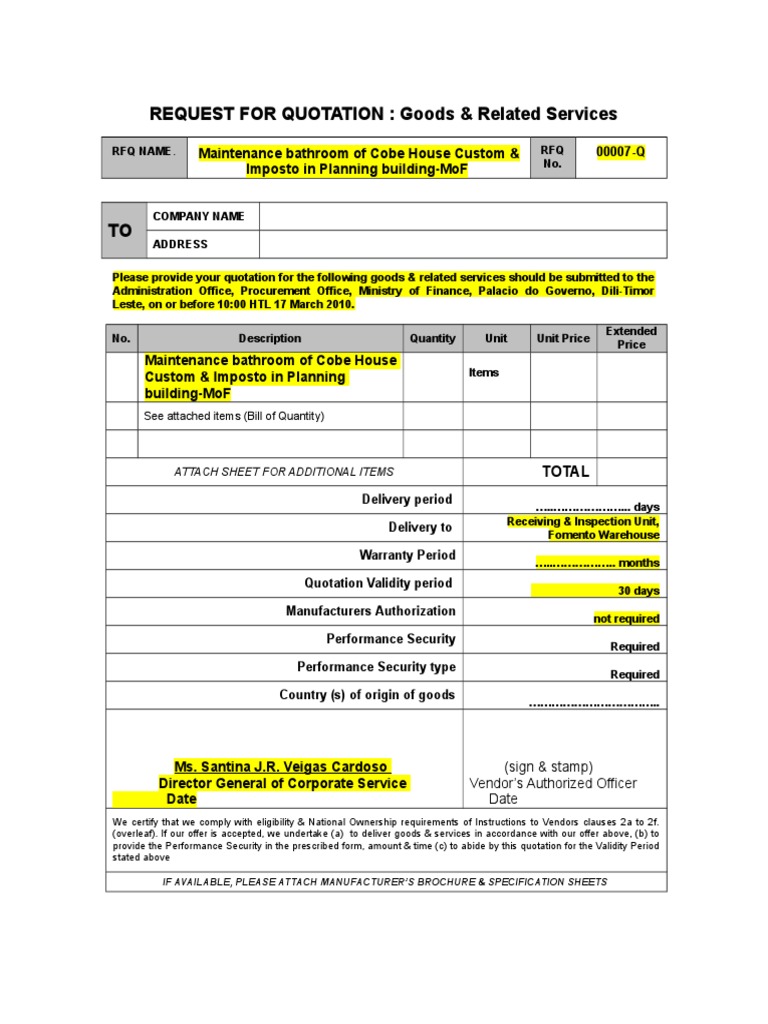 RFQ Format Goods and Services | PDF | Specification (Technical Standard) | Procurement