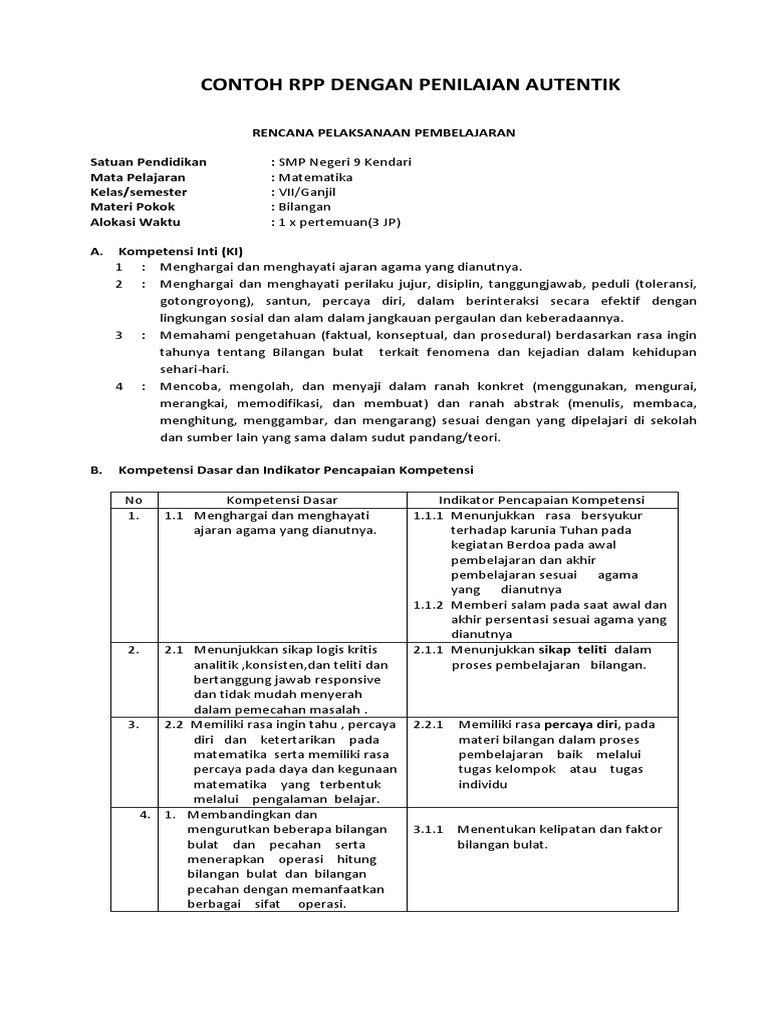 Contoh RPP SMP Dan Penilaian Autentik | PDF