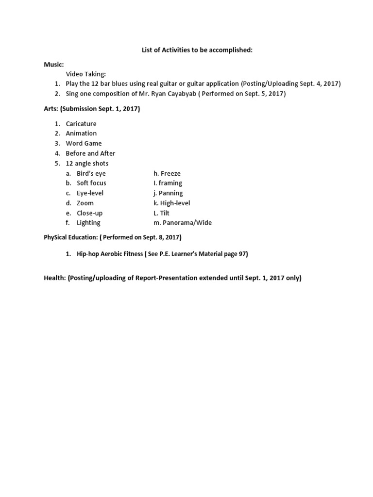 List of Activities To Be Accomplished | PDF