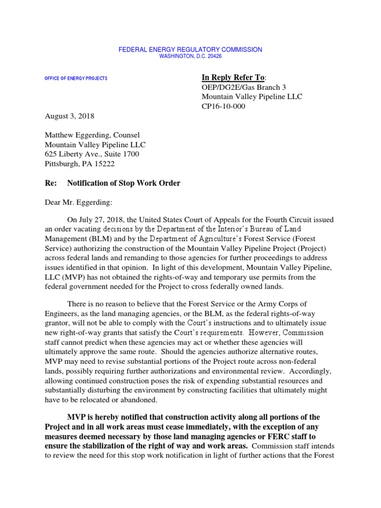 Mountain Valley Pipeline Stop Work Order | PDF | Federal Energy ...
