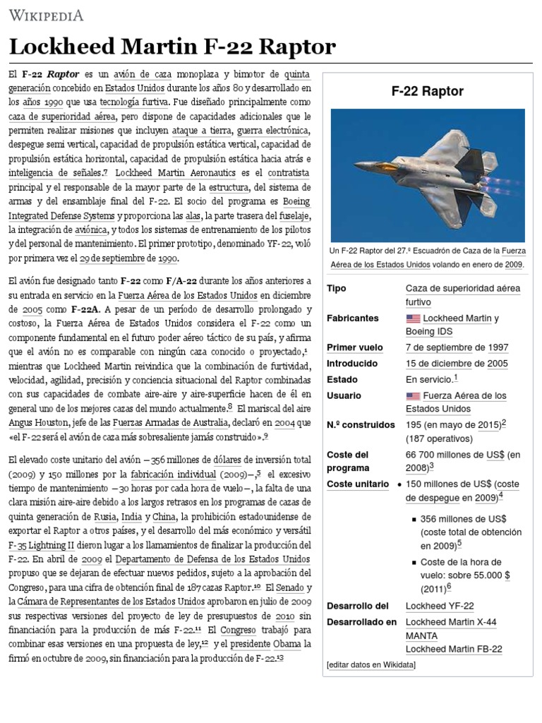 Lockheed Martin F-22 Raptor | PDF | Avión de combate | Lockheed Martin ...