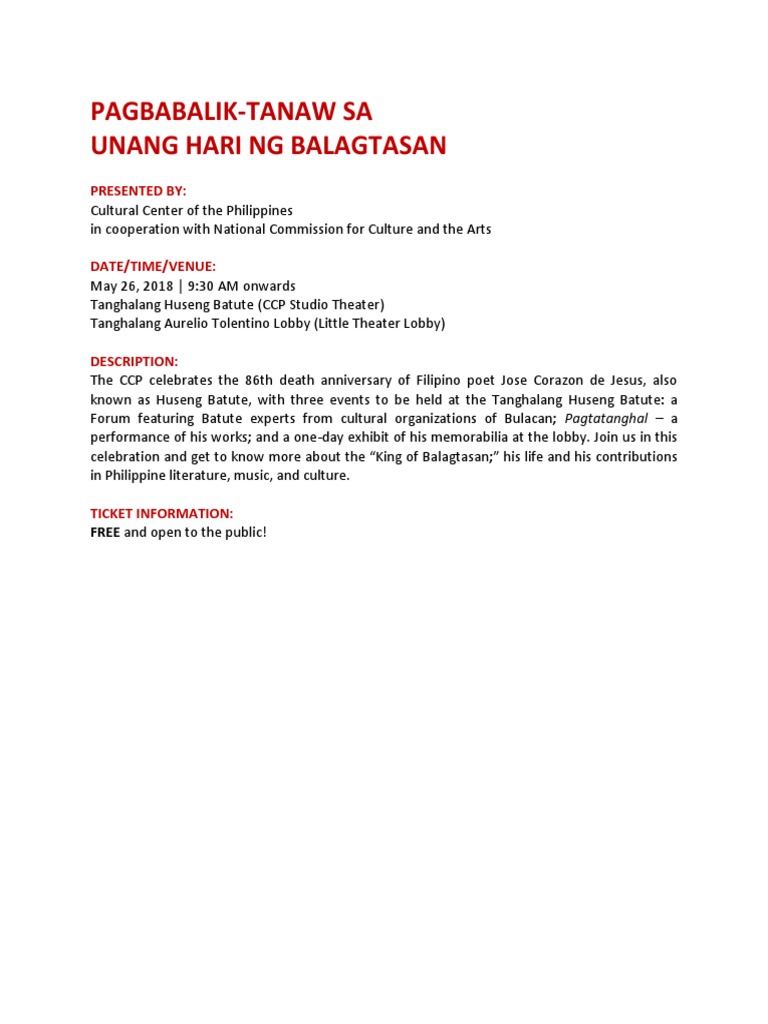 FACT SHEET - Pagbabalik-Tanaw Sa Unang Hari NG Balagtasan (Huseng ...