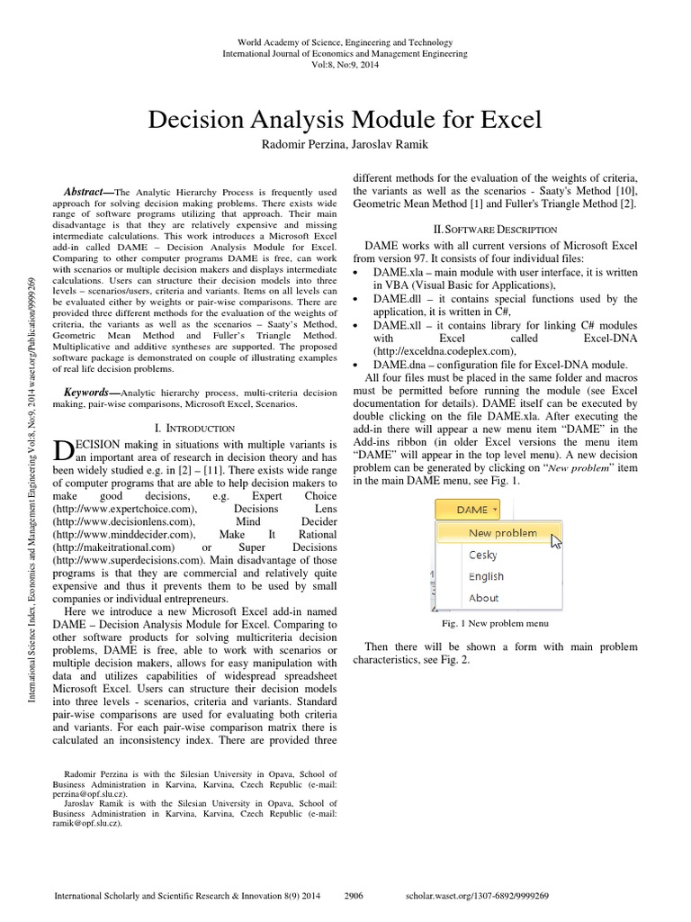 Microsoft Excel As A Tool For Solving Multicriteria Decision Problems ...