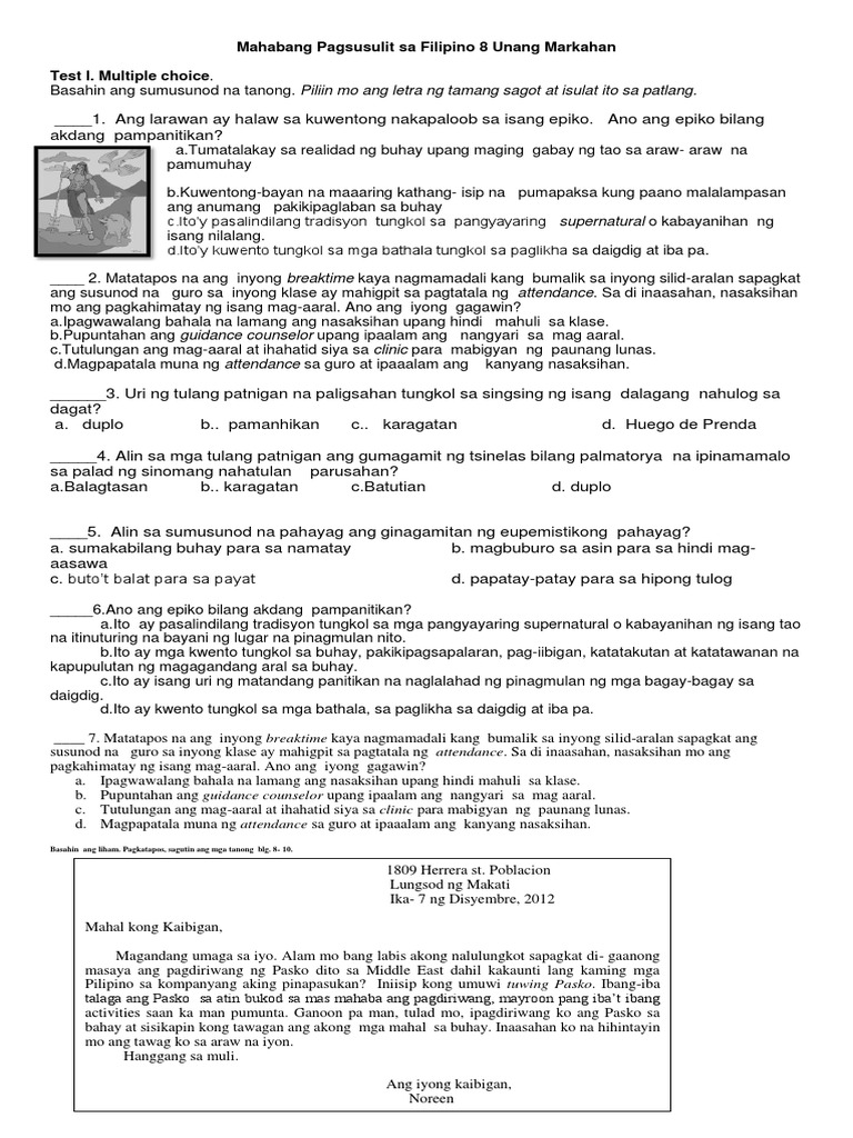 Pagsusulit Sa Filipino 8 | PDF