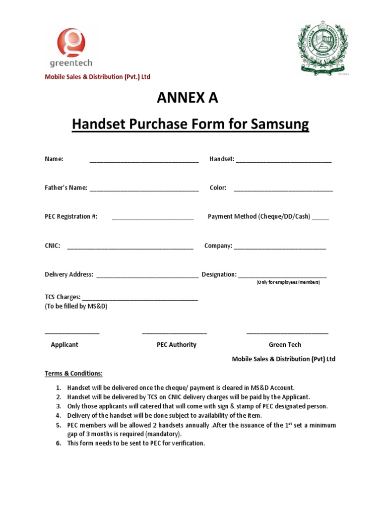 Annex A: Handset Purchase Form For Samsung | PDF