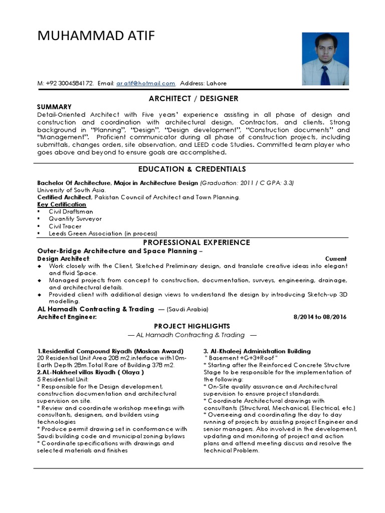 Atif CV (Architect) PK | PDF | Architect | Design
