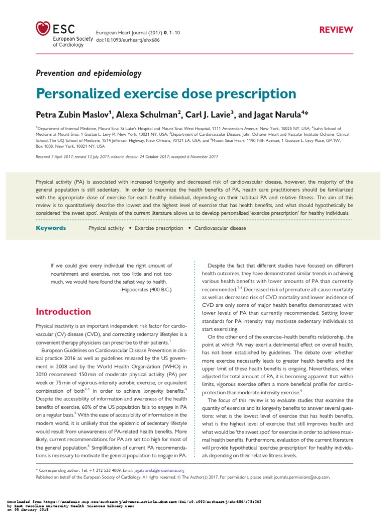 Personalized Exercise Dose Prescription: Prevention and Epidemiology ...