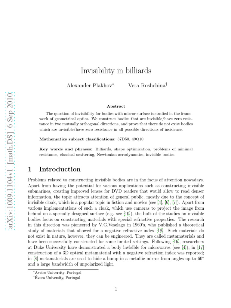Invisibility in Billiards: Alexander Plakhov Vera Roshchina | PDF ...