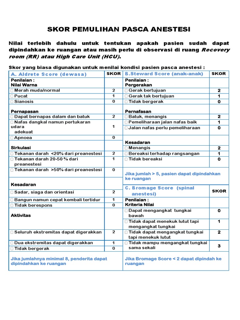 Skor Pemulihan Pasca Anestesi | PDF
