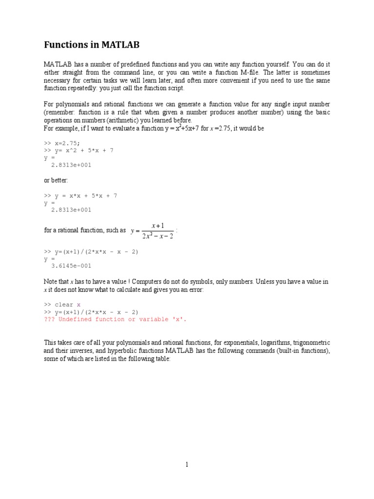 Functions in MATLAB: X 2.75 y X 2 + 5 X + 7 y 2.8313e+001 | PDF ...