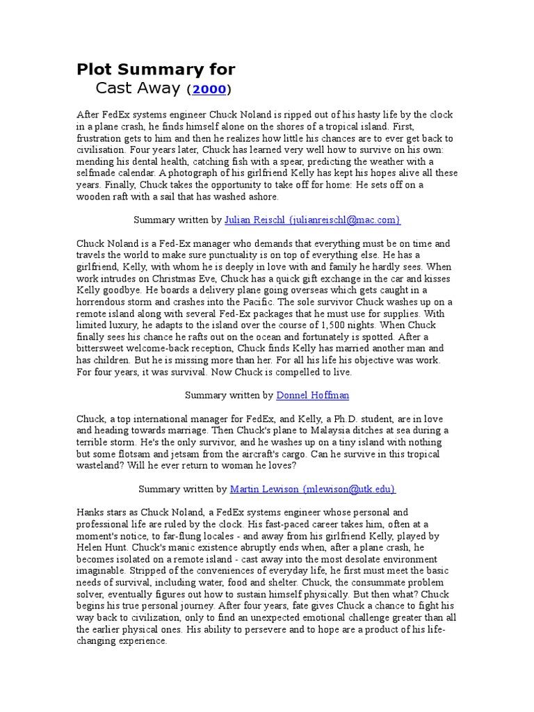 Cast Away: Plot Summary For | PDF | Robinson Crusoe
