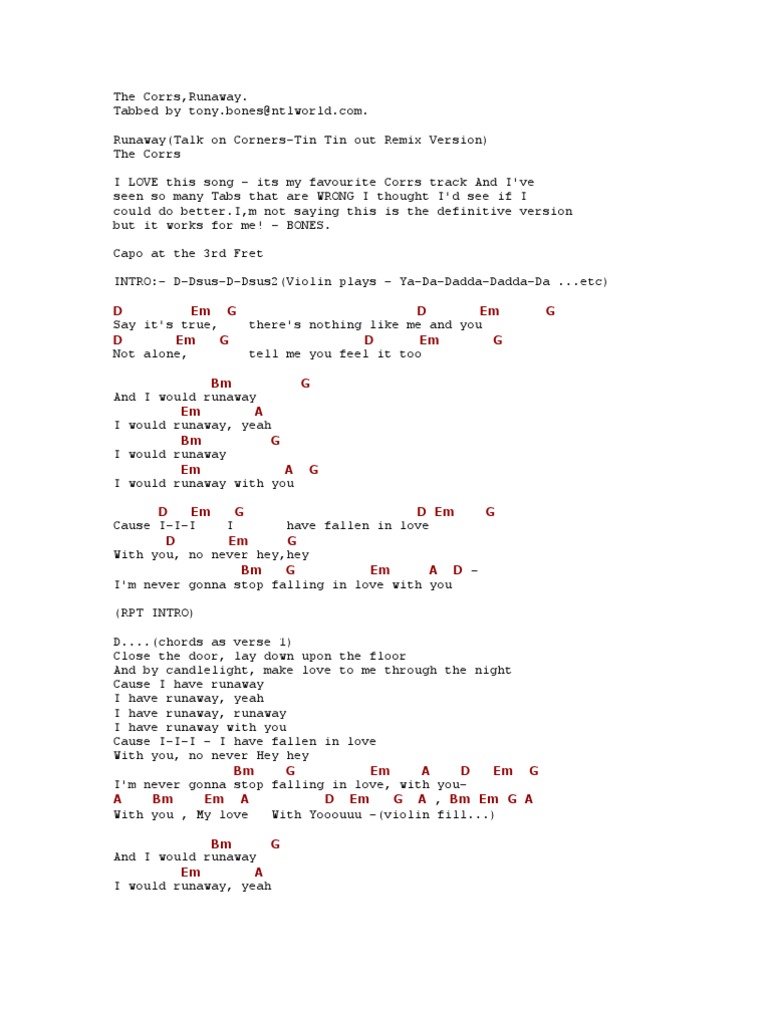 The Corrs Runaway Chords | Song Structure | Vocal Music | Free 30-day ...