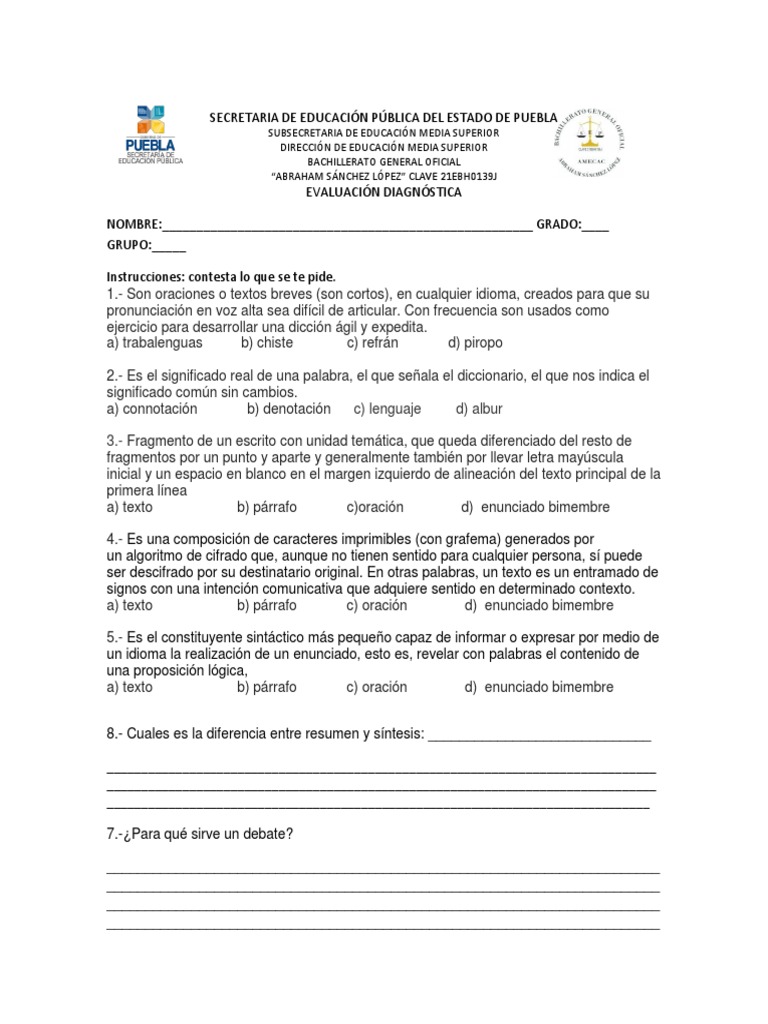 Evaluación Diagnóstica Taller de Lectura y Redacción | PDF | Oración ...