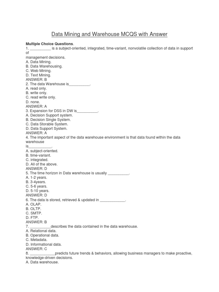 Data Mining and Warehouse MCQS With Answer Good | Download Free PDF | Data Warehouse | Cluster ...