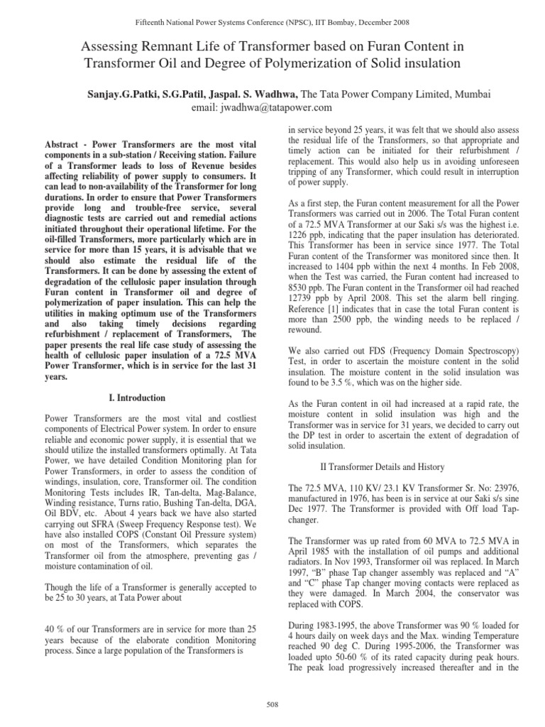 Rla Transformer by Furan Test | PDF | Transformer | Chemistry