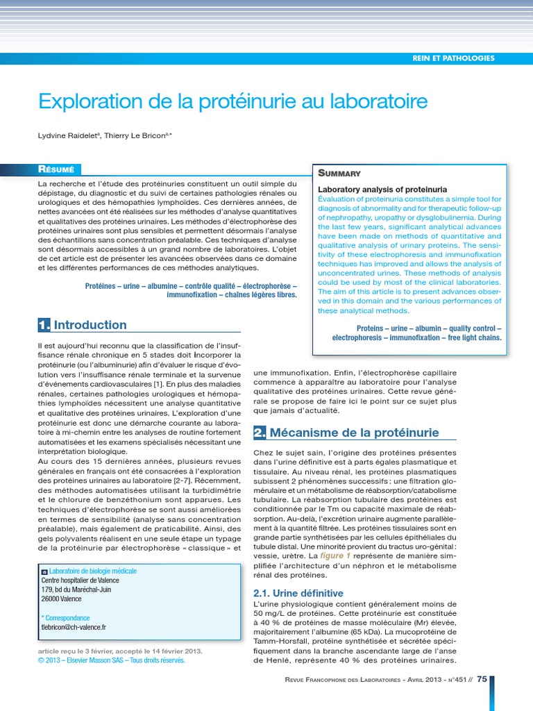 Proteinurie Laoratoire Sciencedirect | PDF | Urine | Rein