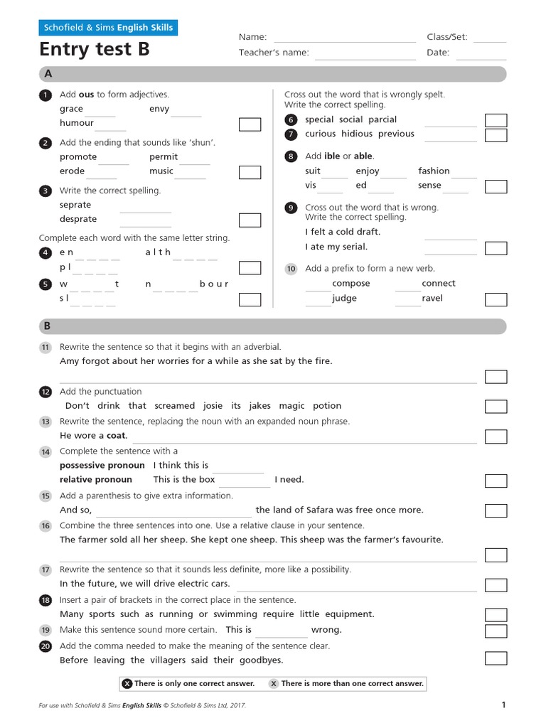 English Skills Entry Test B | PDF | Sentence (Linguistics) | English ...