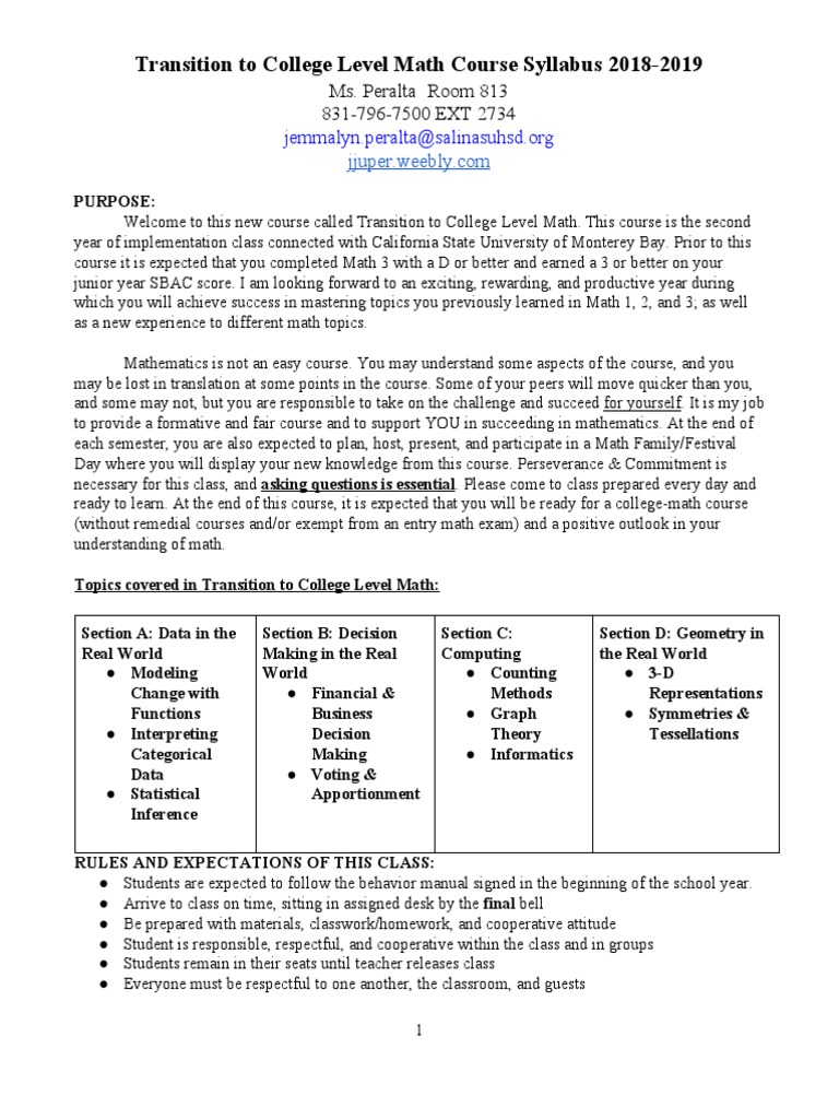 Transition To College Math Syllabus | PDF | Homework | Behavior ...