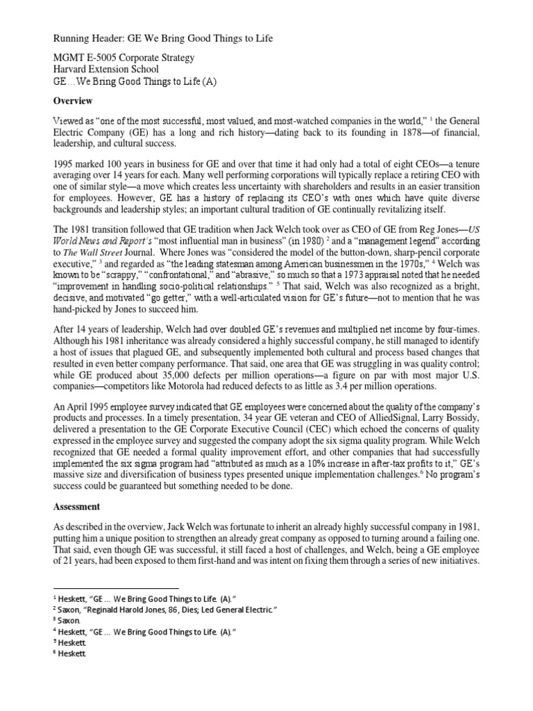 GE We Bring Good Things To Life - Case Study Assignment | PDF | Six ...