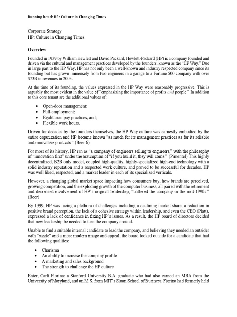 HP Culture in Changing Times - HBR Case Analysis | PDF | Hewlett ...