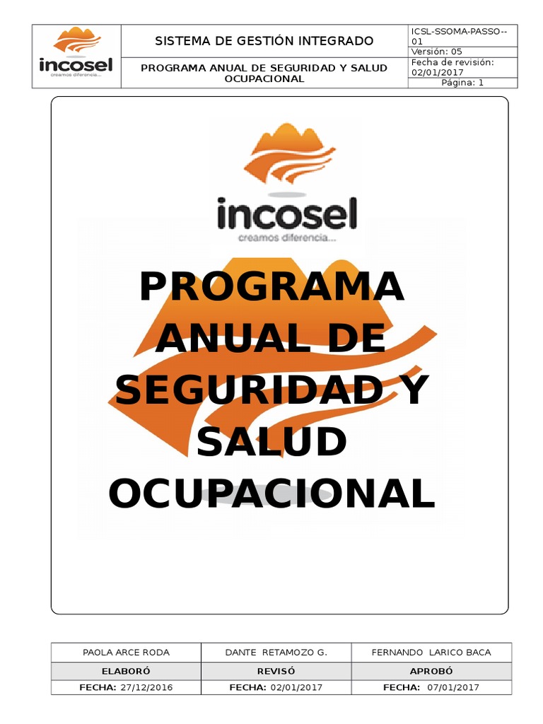Programa Anual de Seguridad y Salud Ocupacional.2017 | Calidad ...
