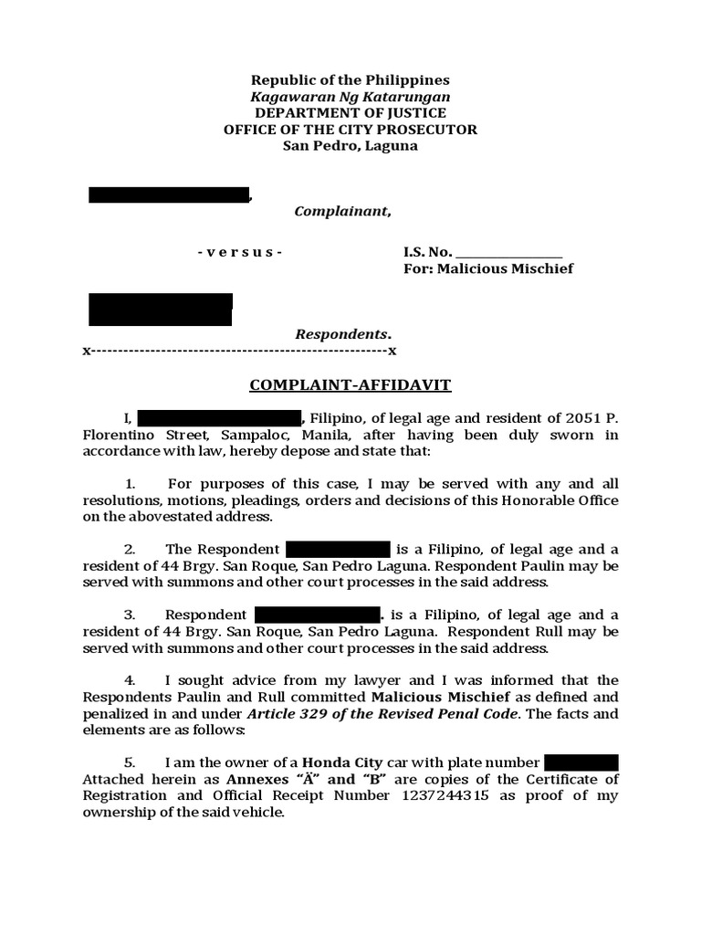Malicious Mischief Complaint Affidavit | PDF | Crime & Violence | Crime ...