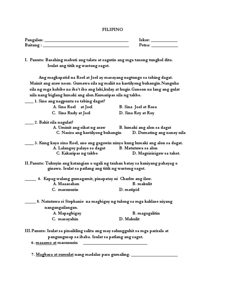 3rd Periodical Test in Filipino | PDF