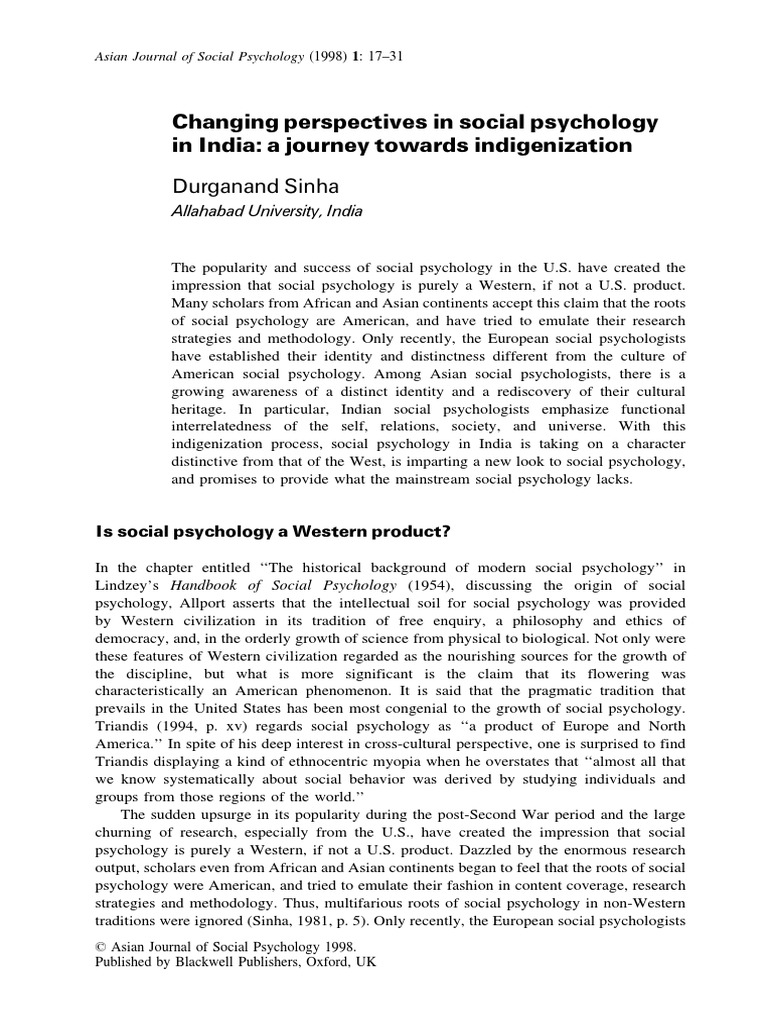 Sinha 1998 - Indigenization in India | PDF | Collectivism | Social ...