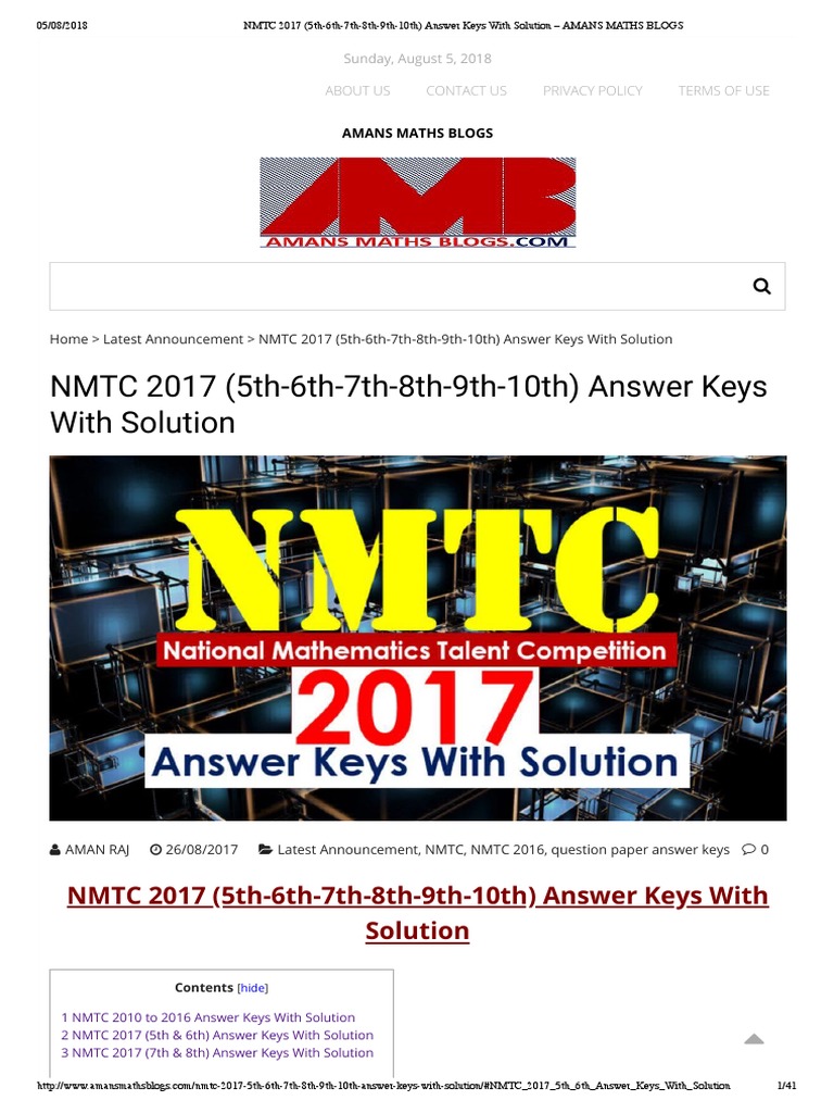 NMTC 2017 Answer Keys & Solutions | PDF | Teaching Mathematics | World ...