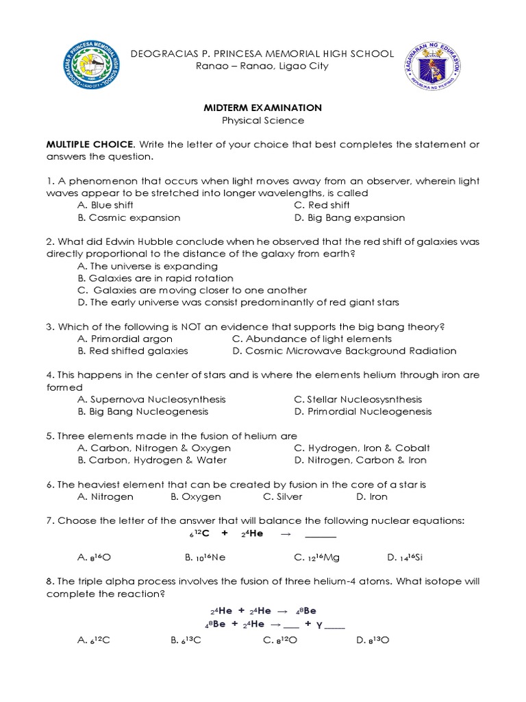 Midterm Exam PhySci SY 2018-2019 | PDF | Atoms | Atomic Nucleus