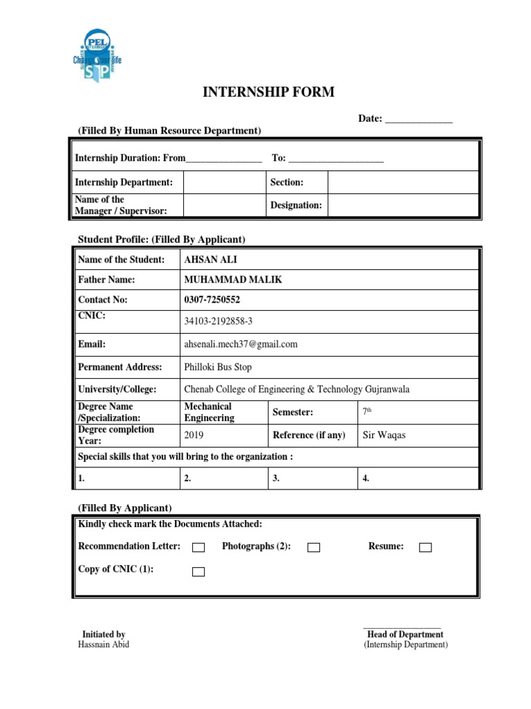 Internship Form: Date: - (Filled by Human Resource Department) | PDF