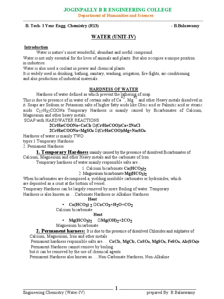 Water (Unit-Iv) : Joginpally B R Engineering College | PDF | Ion ...
