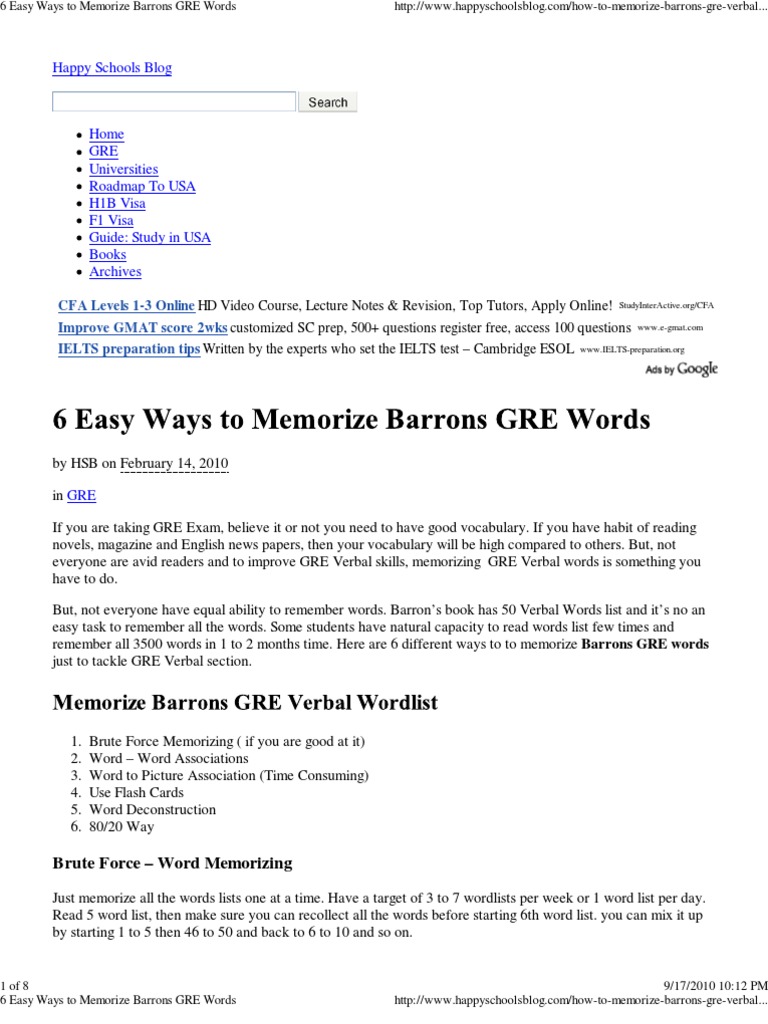 6 Easy Ways To Memorize Barrons GRE Words | PDF | Graduate Record ...