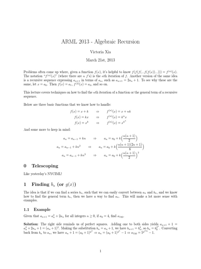 Arml 2013 Algebraic Recursion Victoria Xia March 21st 2013 Pdf Recurrence Relation