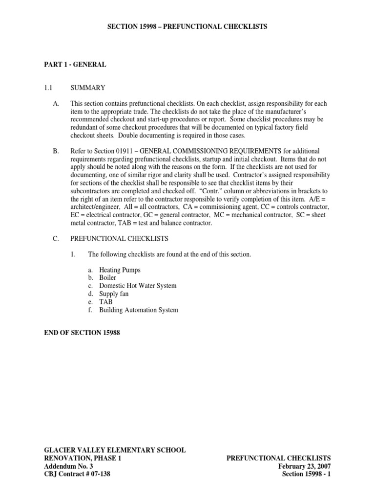 Glacier Valley School Prefunctional Checklists | PDF | Calibration | Hvac