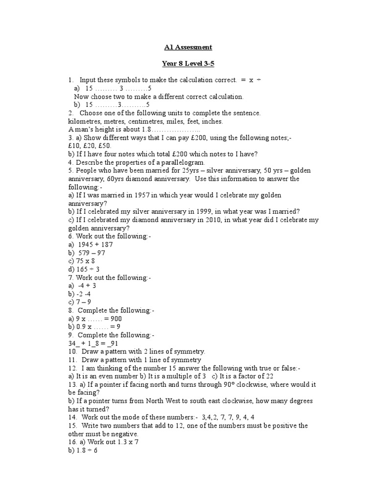 Maths Assessment Year 8 Questions .doc | Percentage | Area