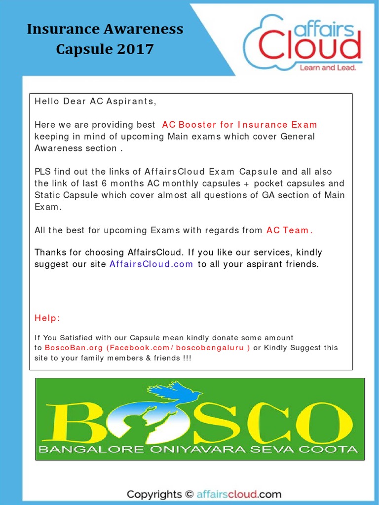 Insurance Awareness PDF Capsule 2017 by Affairscloud | PDF | Insurance ...