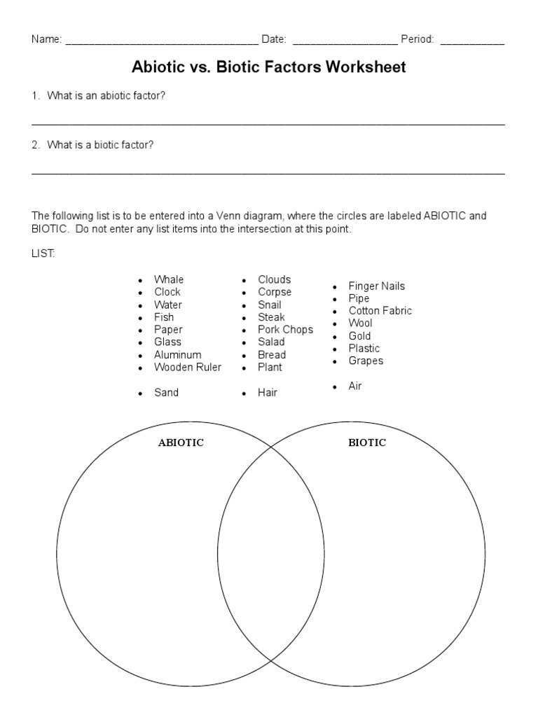 Abiotic Vs Biotic Factors Worksheet | PDF | Nature | Natural Environment