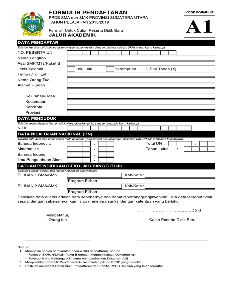 Formulir Pendaftaran PPDB SMA/SMK | PDF