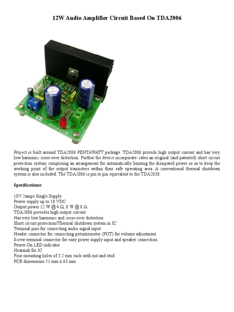 12W Audio Amplifier Circuit Based On TDA2006 | PDF | Technology ...