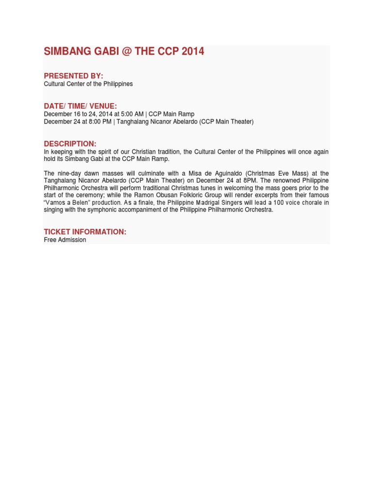 Simbang Gabi at The CCP 2014: Presented by | PDF